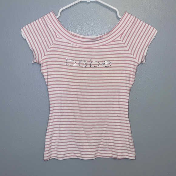 bebe | Tops | Bebe Y2k 200s Pink And White Striped Scoop Neck Diamond ...